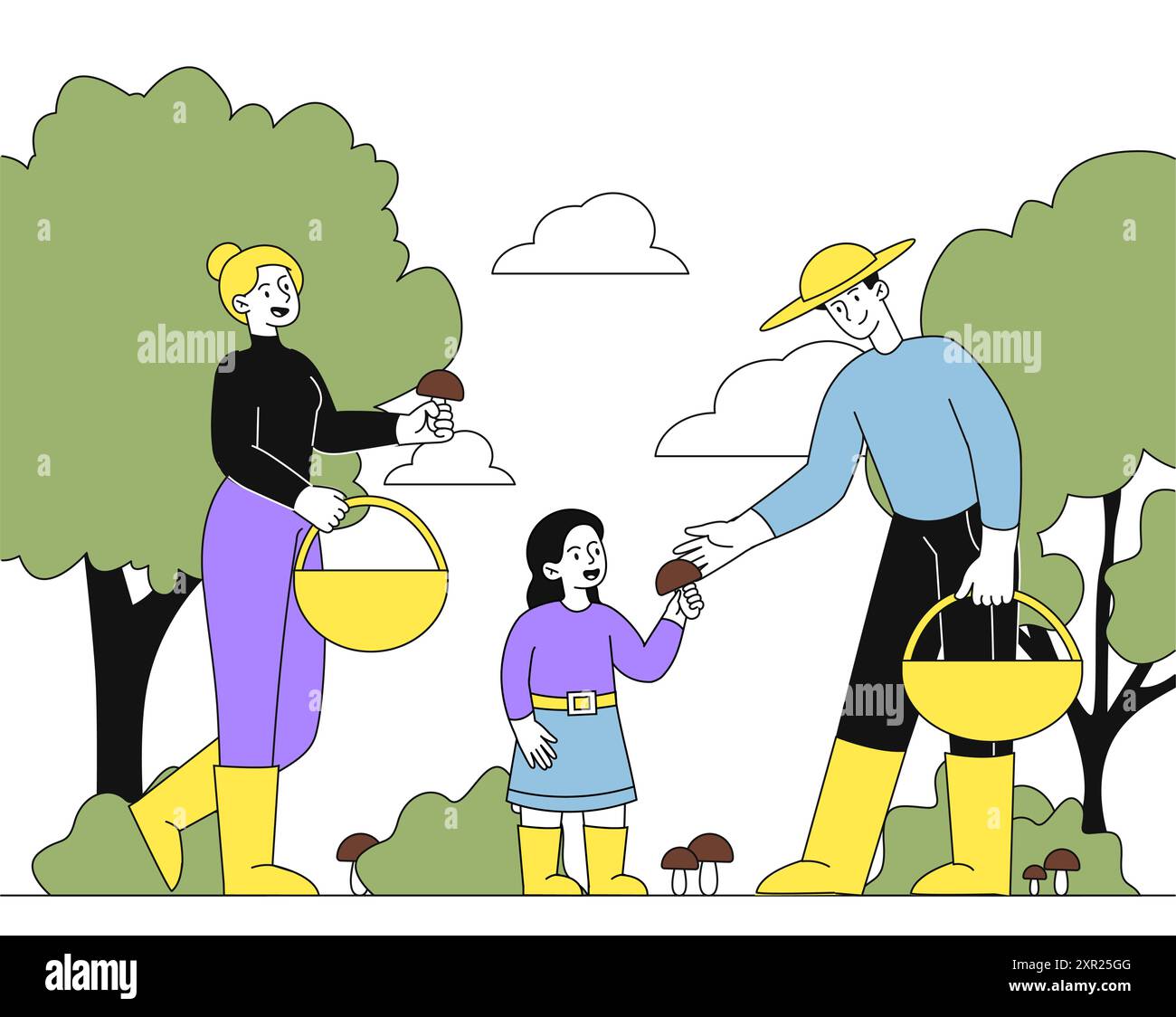 Family collect mushrooms. Father and mother with daughter harvest in ...