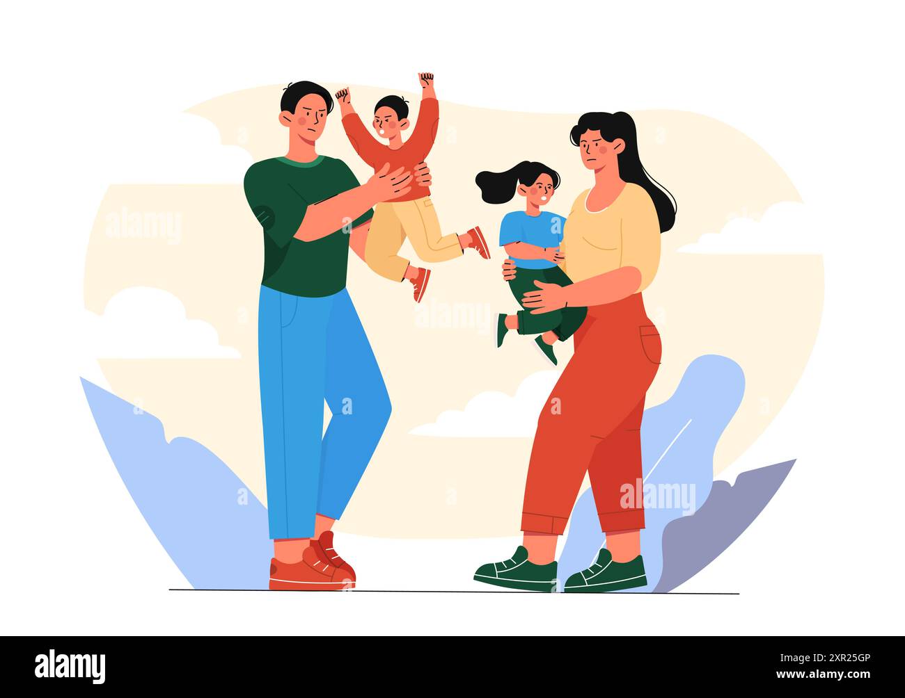 Parents with crying children. Man and woman holding crying girl and boy ...