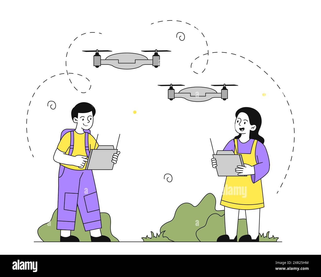 Kids control drones. Boy and girl with remote controllers control drone ...