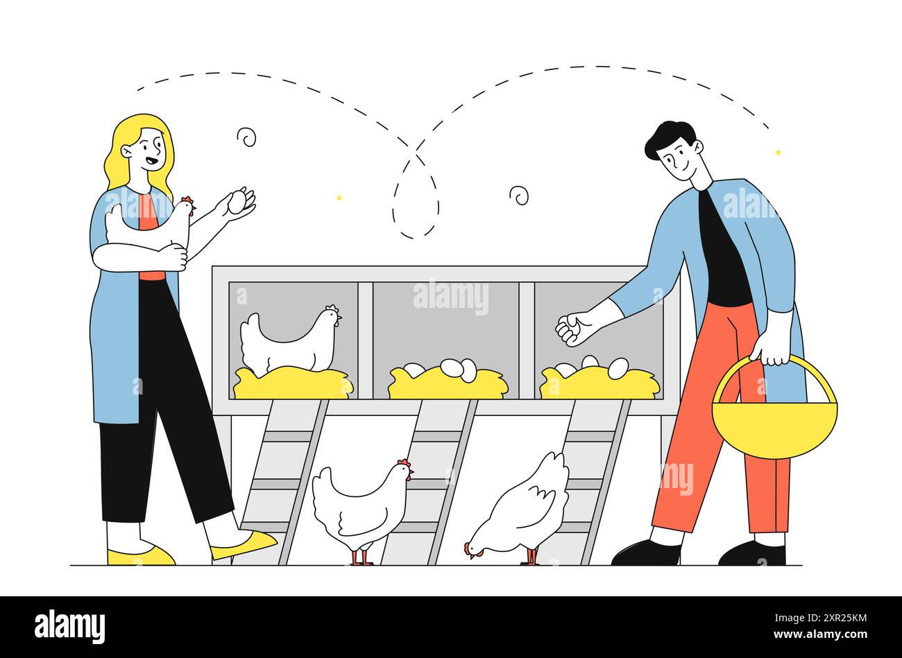 People with domestic chickens. Man and woman give food to birds ...