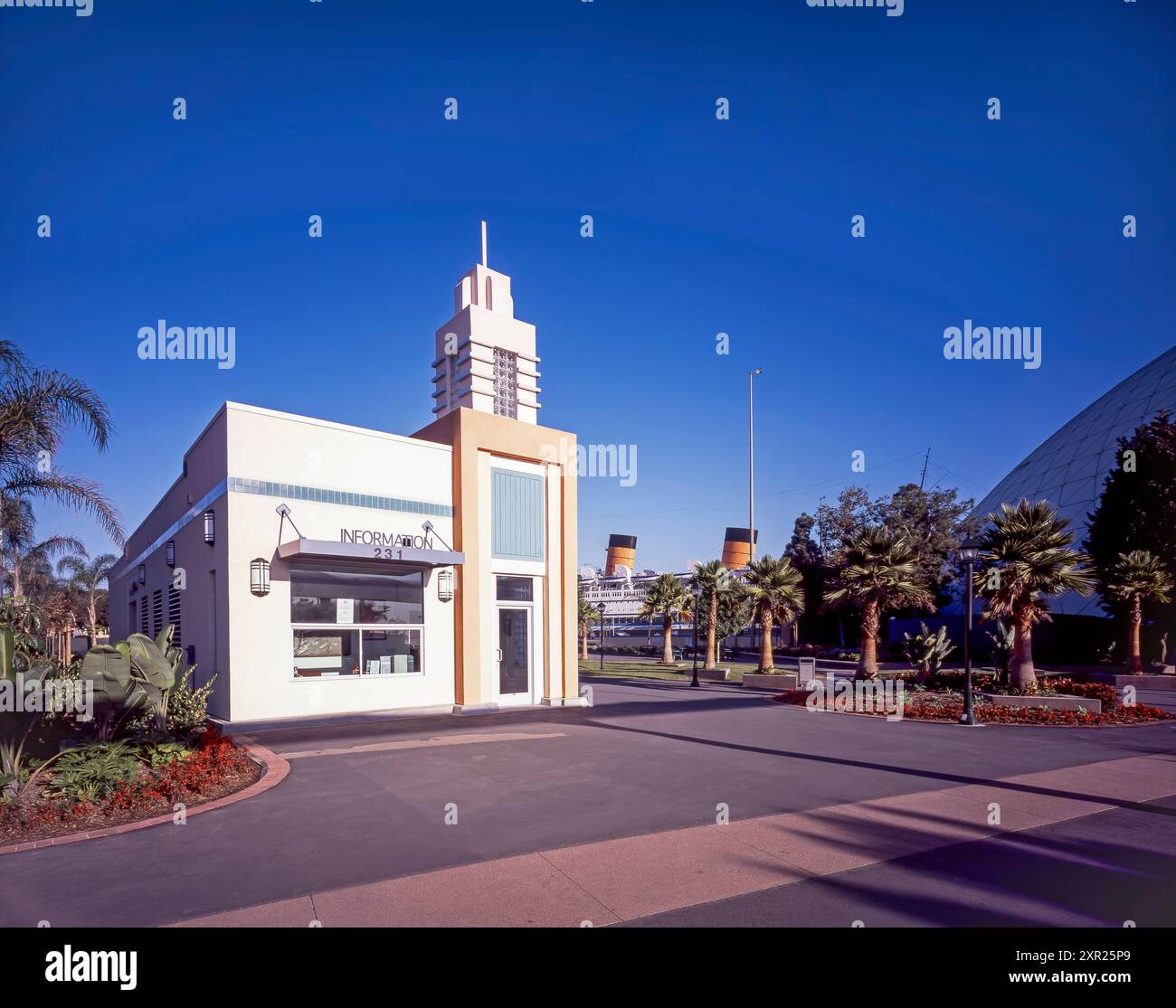 Information booth at the Long Beach Cruise Terminal. Shows Queen Mary ...