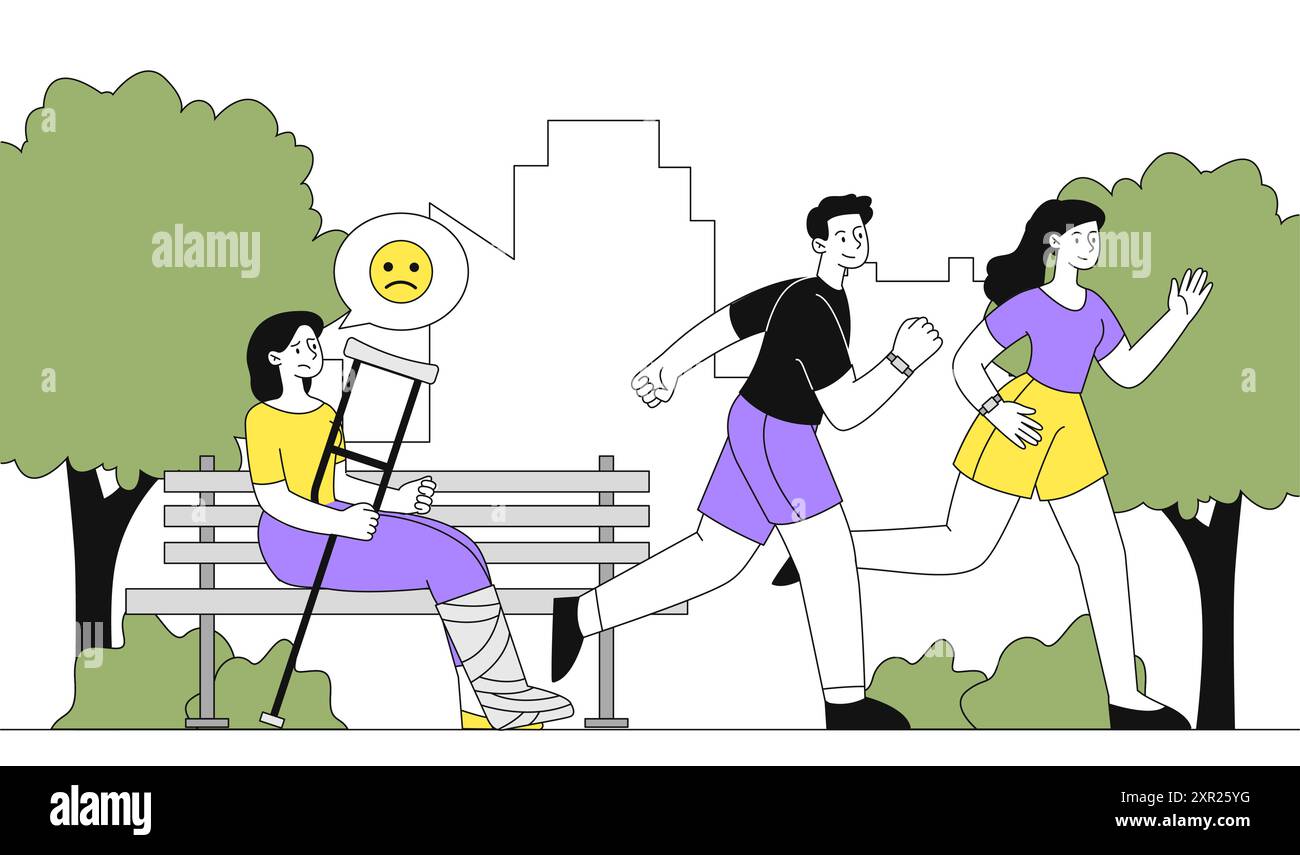 Sick woman with envy. Angry young girl in cast sits on bench in park ...