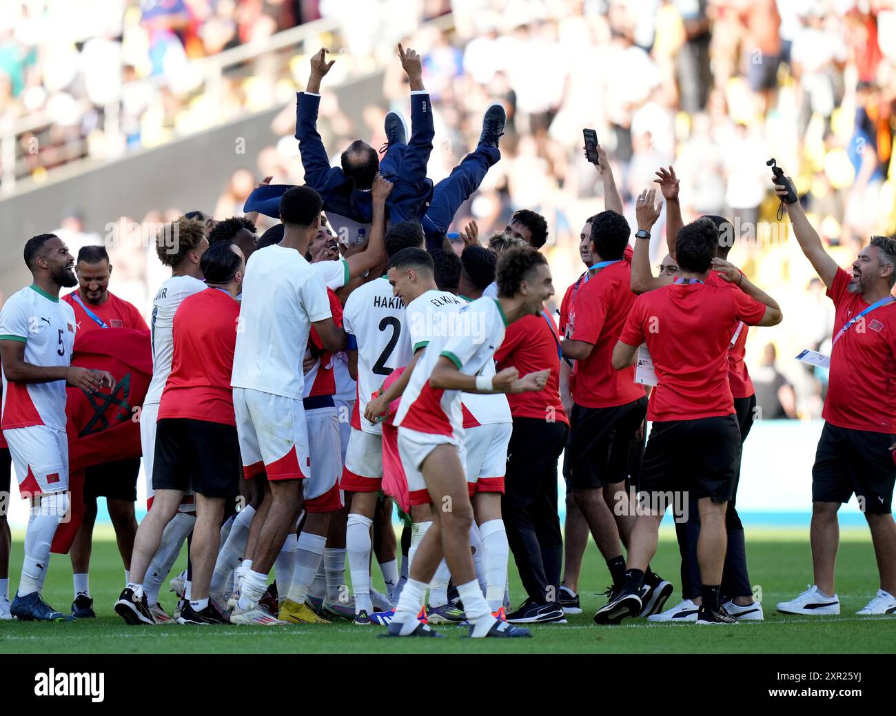 Nantes, France. 8th Aug, 2024. Team Morocco celebrate after the men's ...