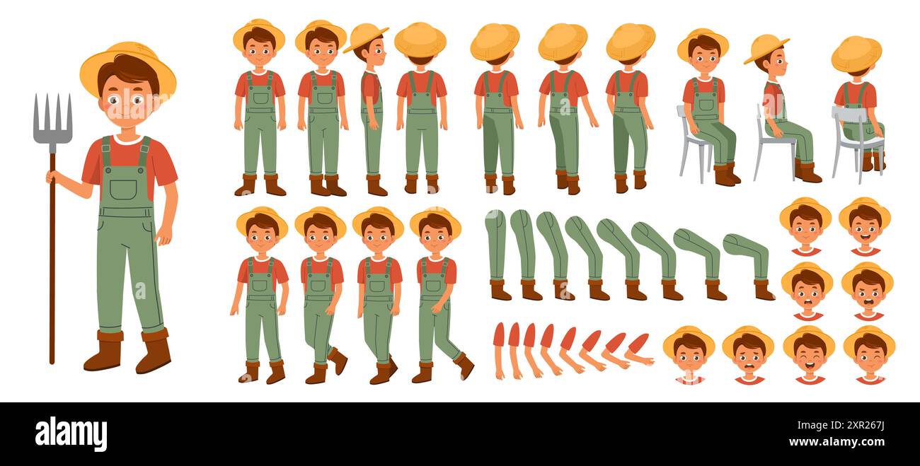 Farmer boy constructor. Happy kid in overall with rakes. Pack of legs ...