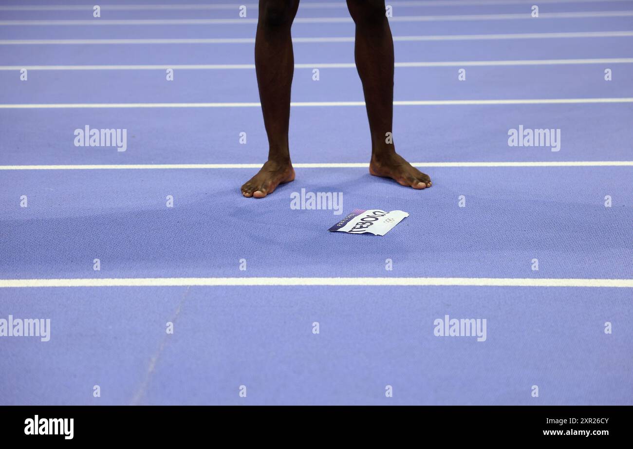 Paris, France. 8th Aug, 2024. Letsile Tebogo of Botswana reacts after ...