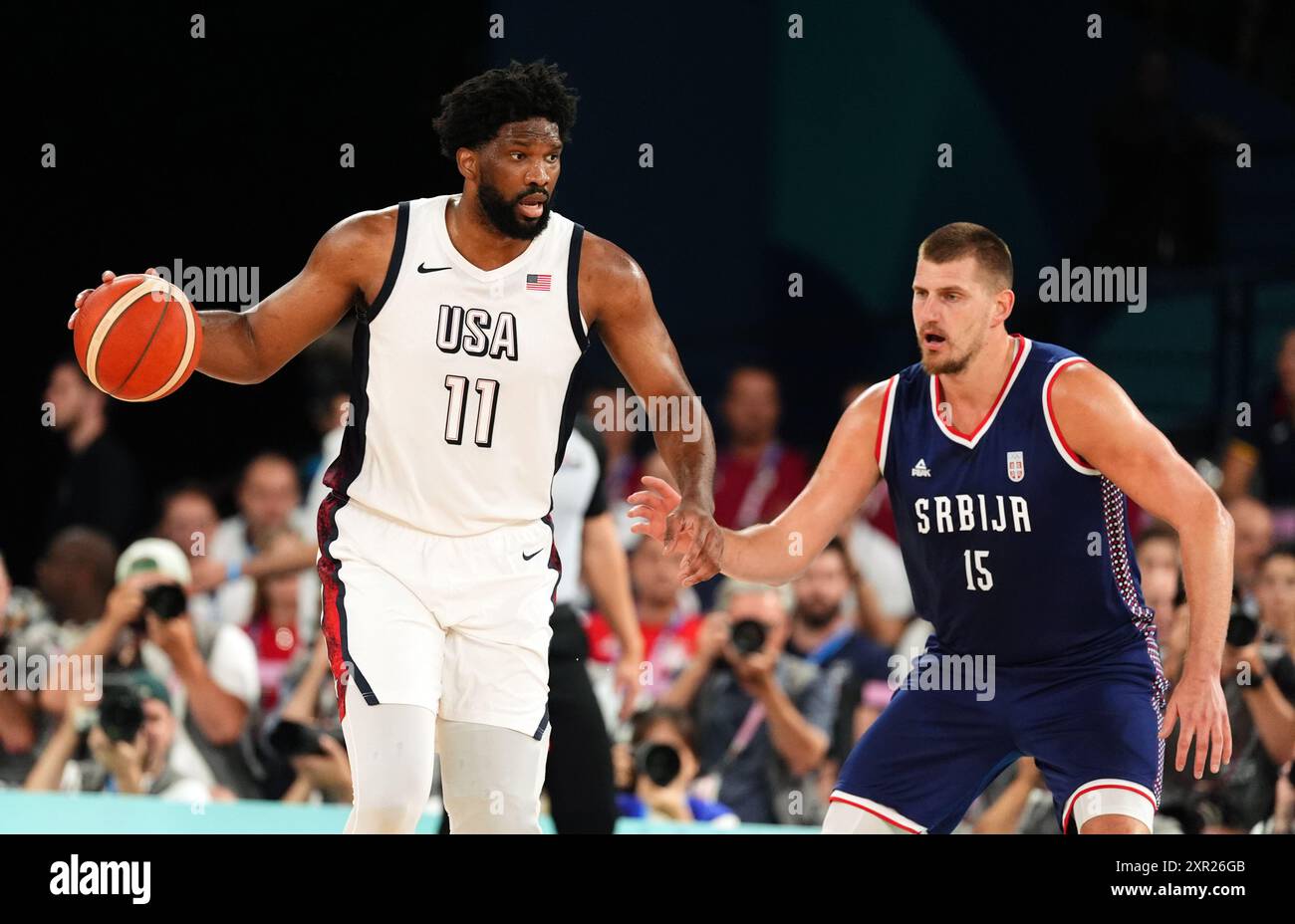 USA's Joel Embiid and Serbia's Nikola Jokic during the men's basketball ...