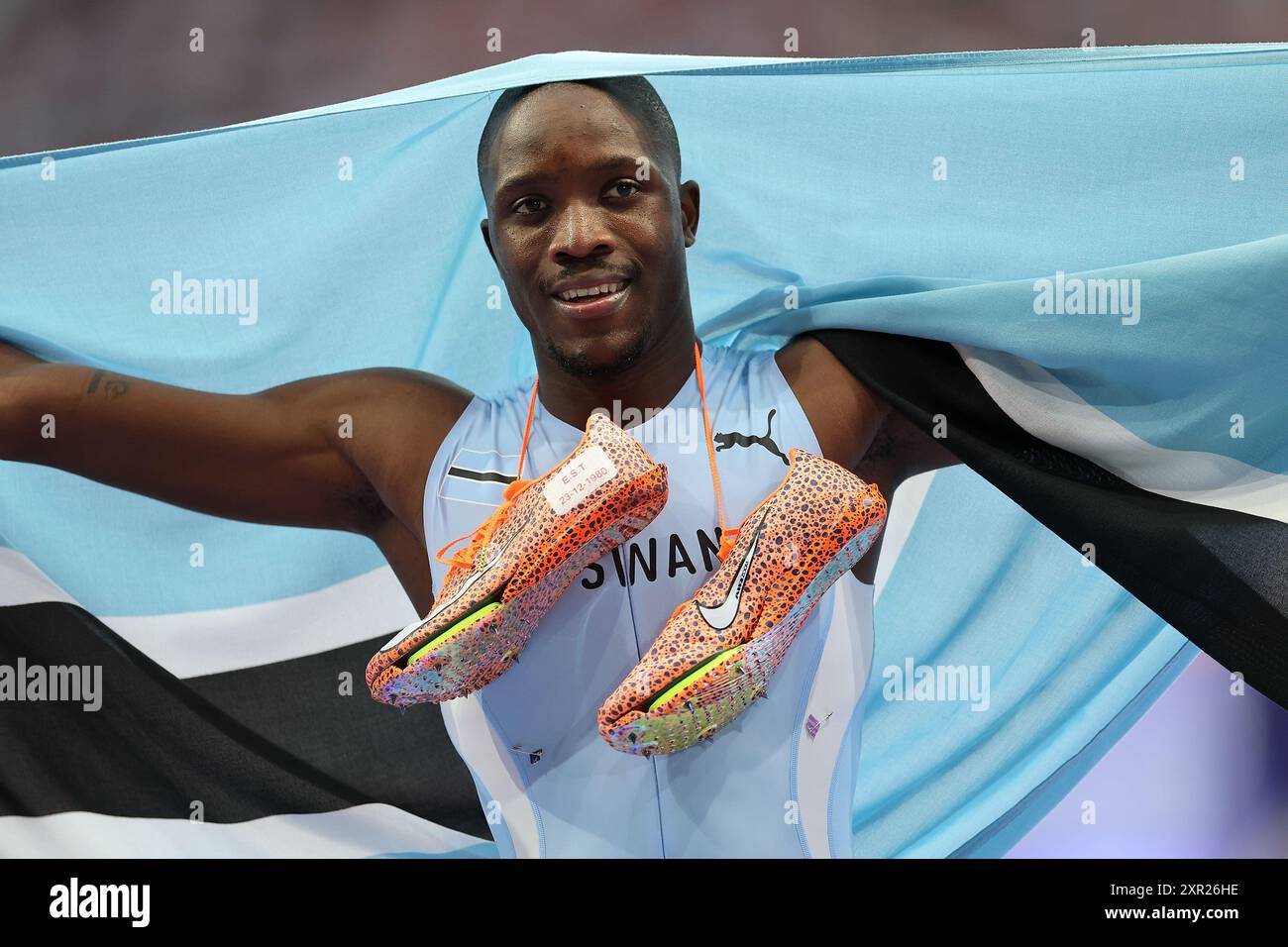 Paris, France. 8th Aug, 2024. Letsile Tebogo of Botswana reacts after ...