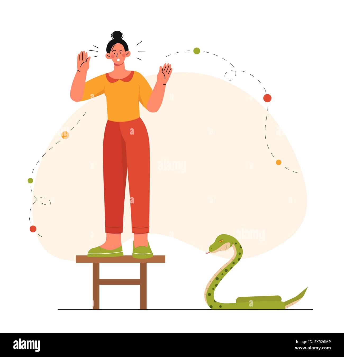 Woman with fear of snakes. Young girl stands on stool and looks at ...