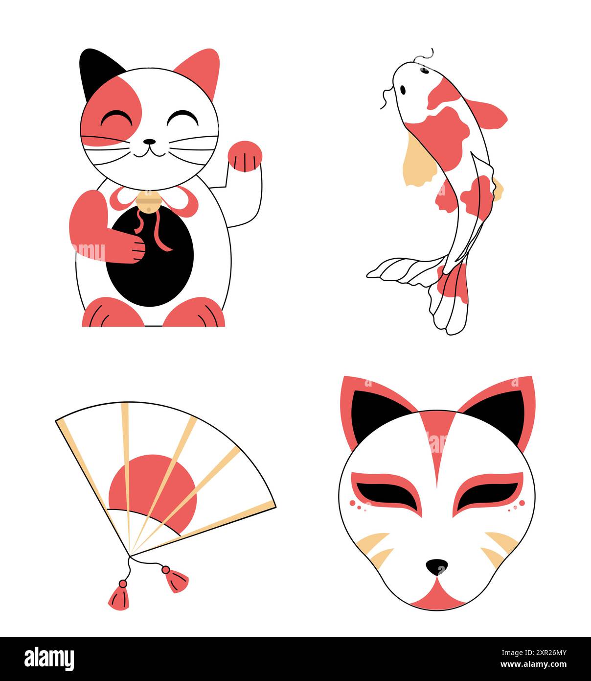 Japanese toys set. Cat waves hand, hand fan and fish in traditional asian style. Maneki neko and ...