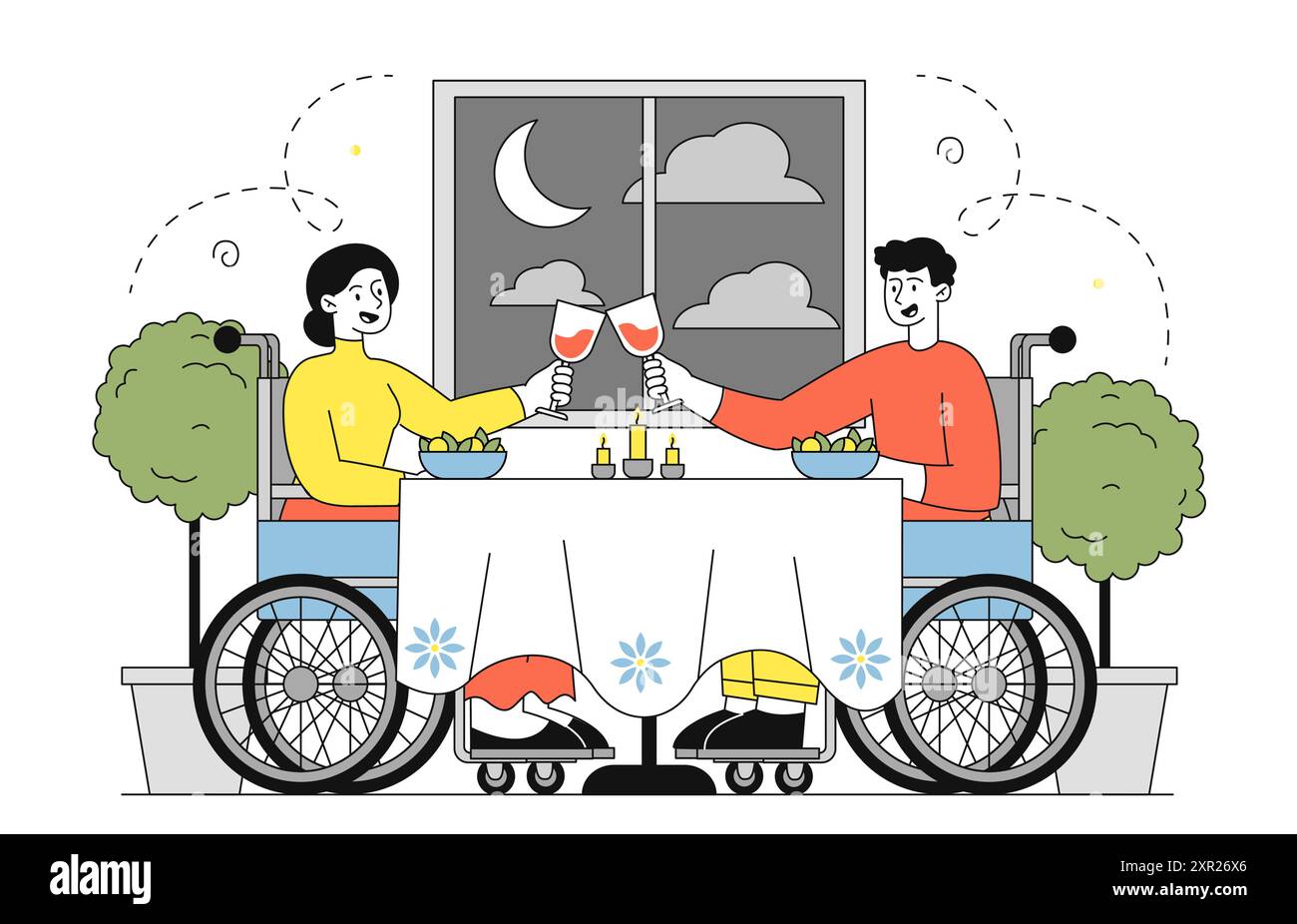 Married couple with disabilities. Man and woman in wheelchairs drink ...