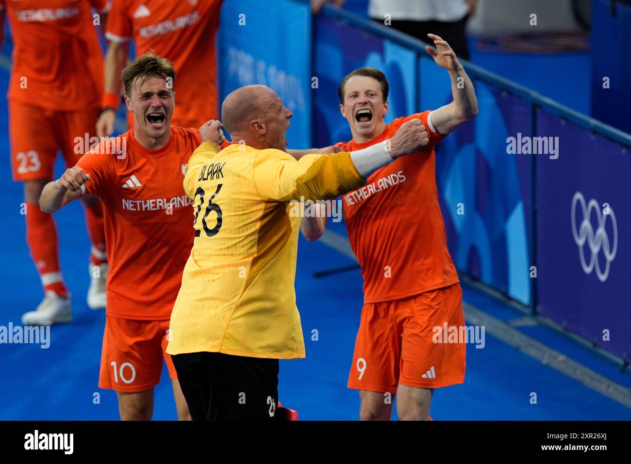 Netherlands' goalkeeper Pirmin Blaak, center, celebrates with teammates ...