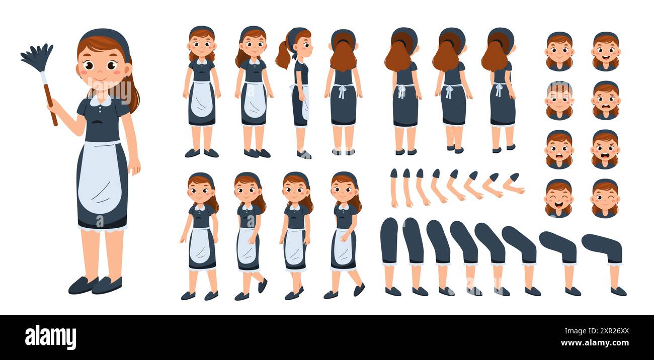 Female maid constructor. Happy woman with mop. Pack of legs, hands and ...