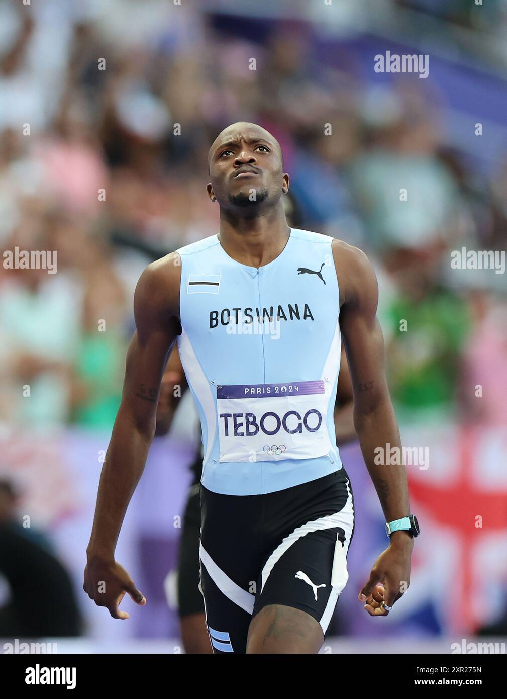 Paris, France. 8th Aug, 2024. Letsile Tebogo of Botswana reacts after ...
