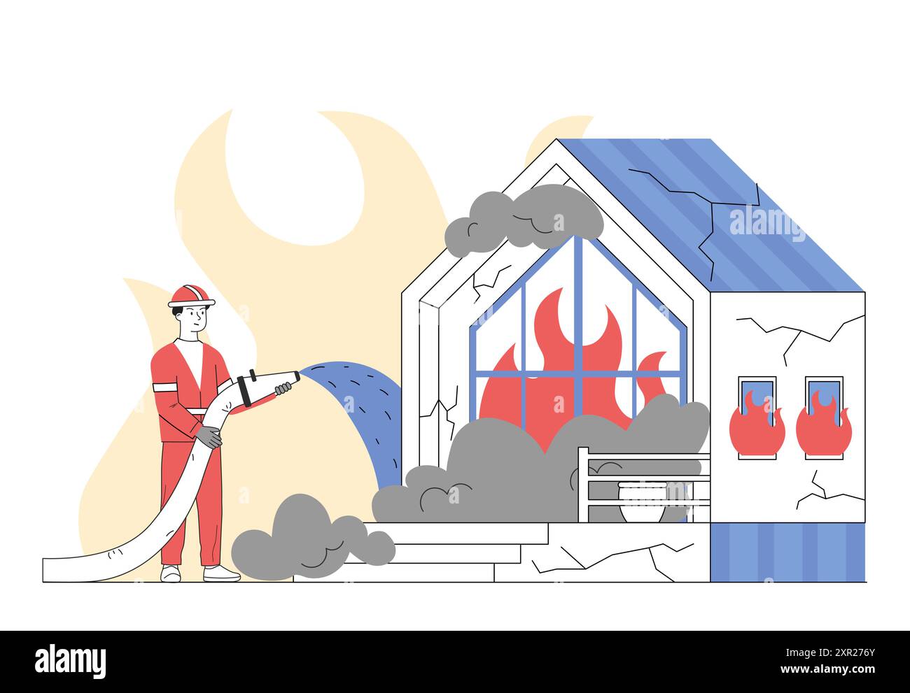 Firefighter extinguishing house. Man in uniform with hose pours water ...