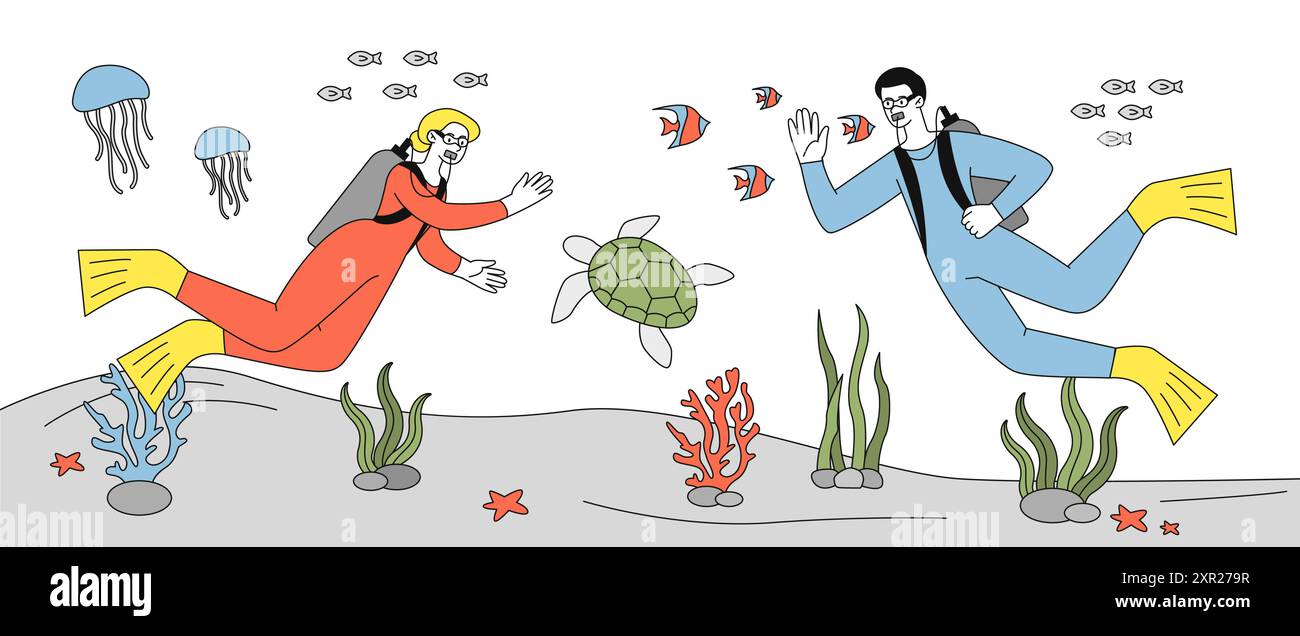 Scuba divers in ocean. Man and woman in diving suits with oxygen tanks ...