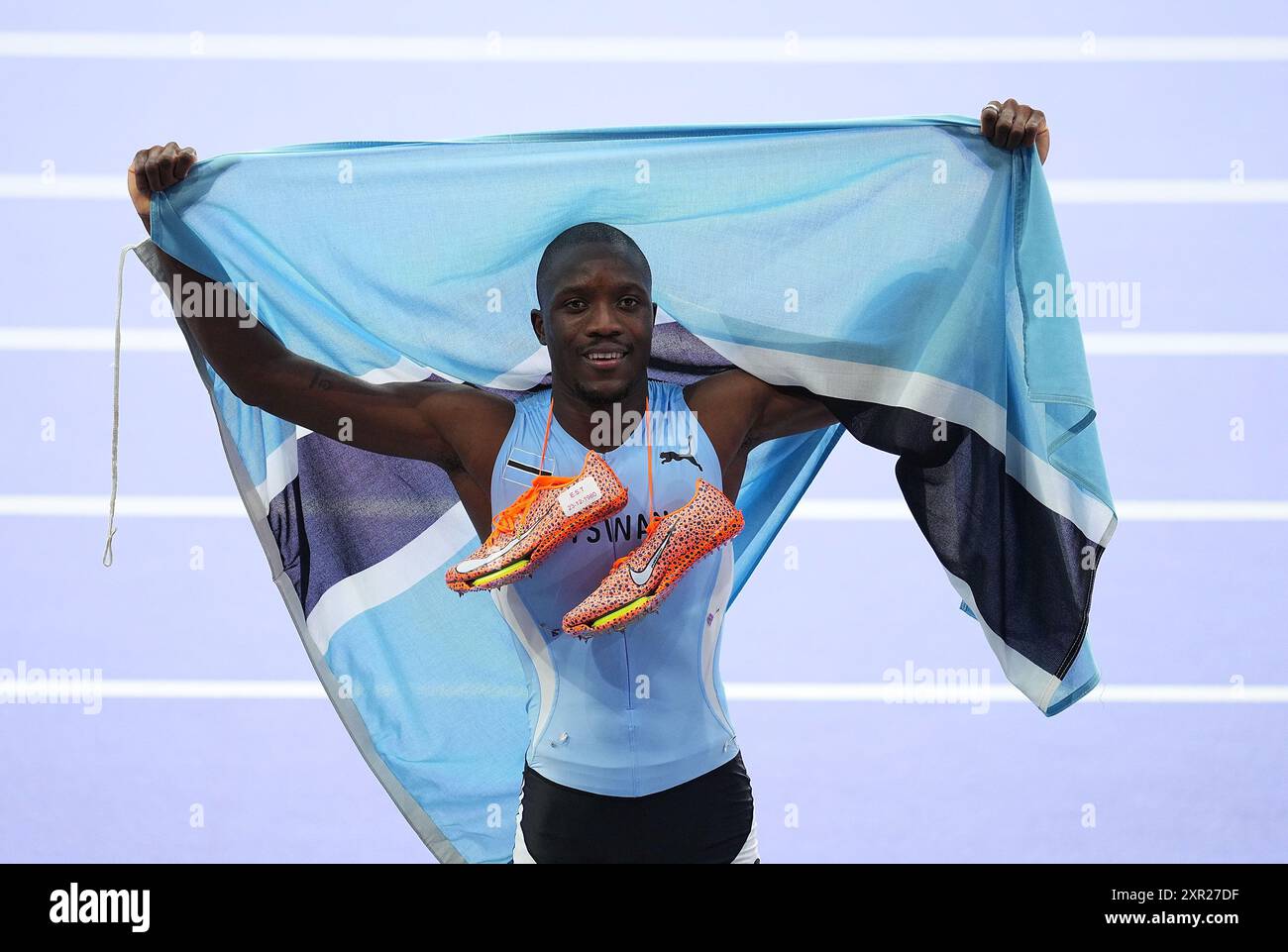 Paris, France. 8th Aug, 2024. Letsile Tebogo of Botswana celebrates ...