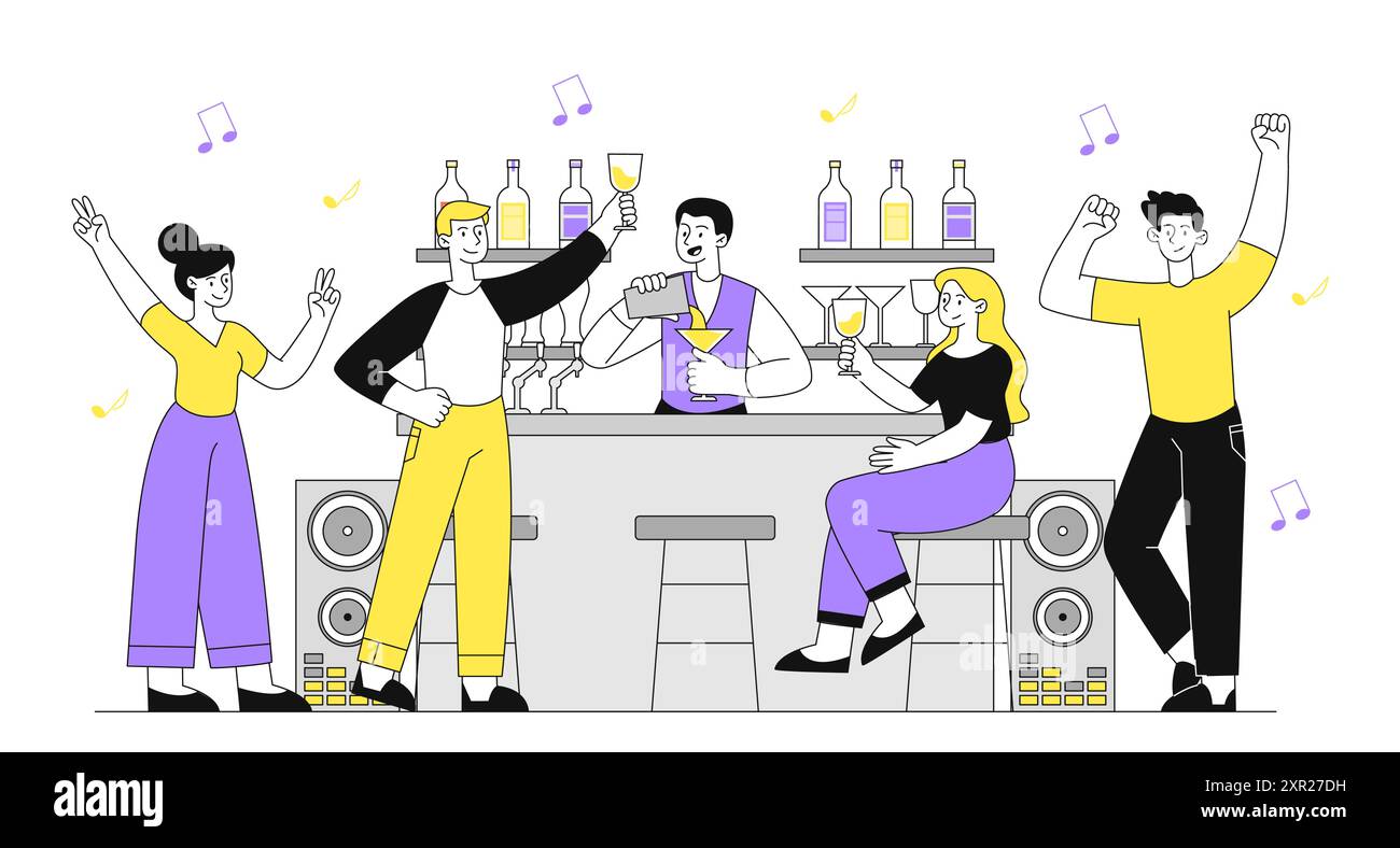 People having fun in bar. Men and women dance in pub with alcoholic ...