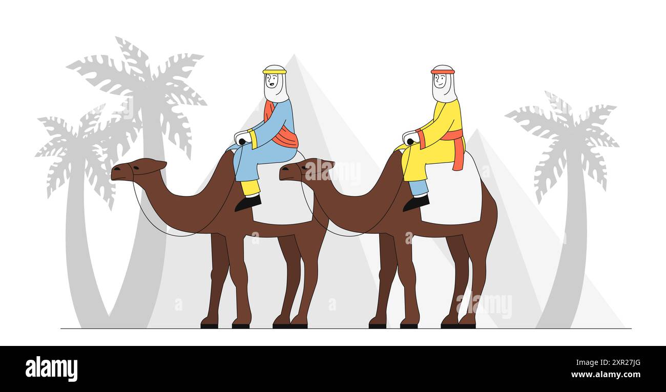 People on camel. Men in traditional Arabic clothing ride at camels ...