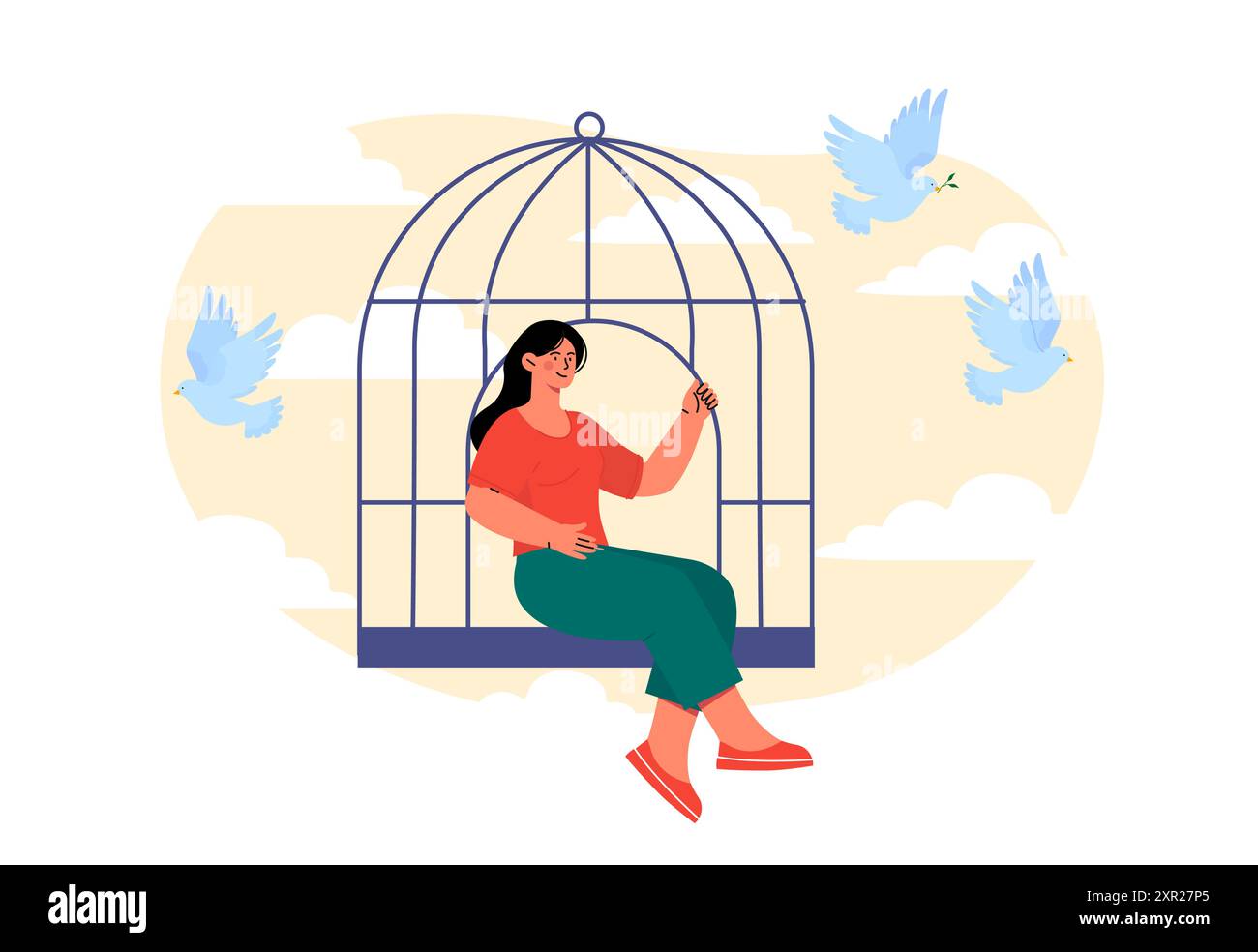 Woman get out from cage. Young girl opens cage door. Inner freedom and ...