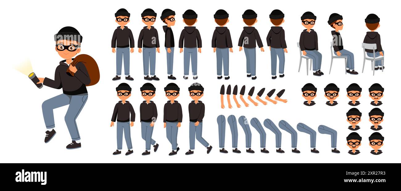 Robber man constructor. Happy guy in black mask with money. Pack of ...