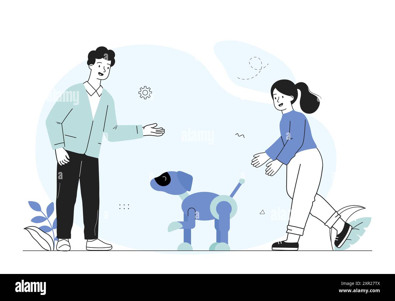 People with robot dog. Man and girl with bot domestic animal ...