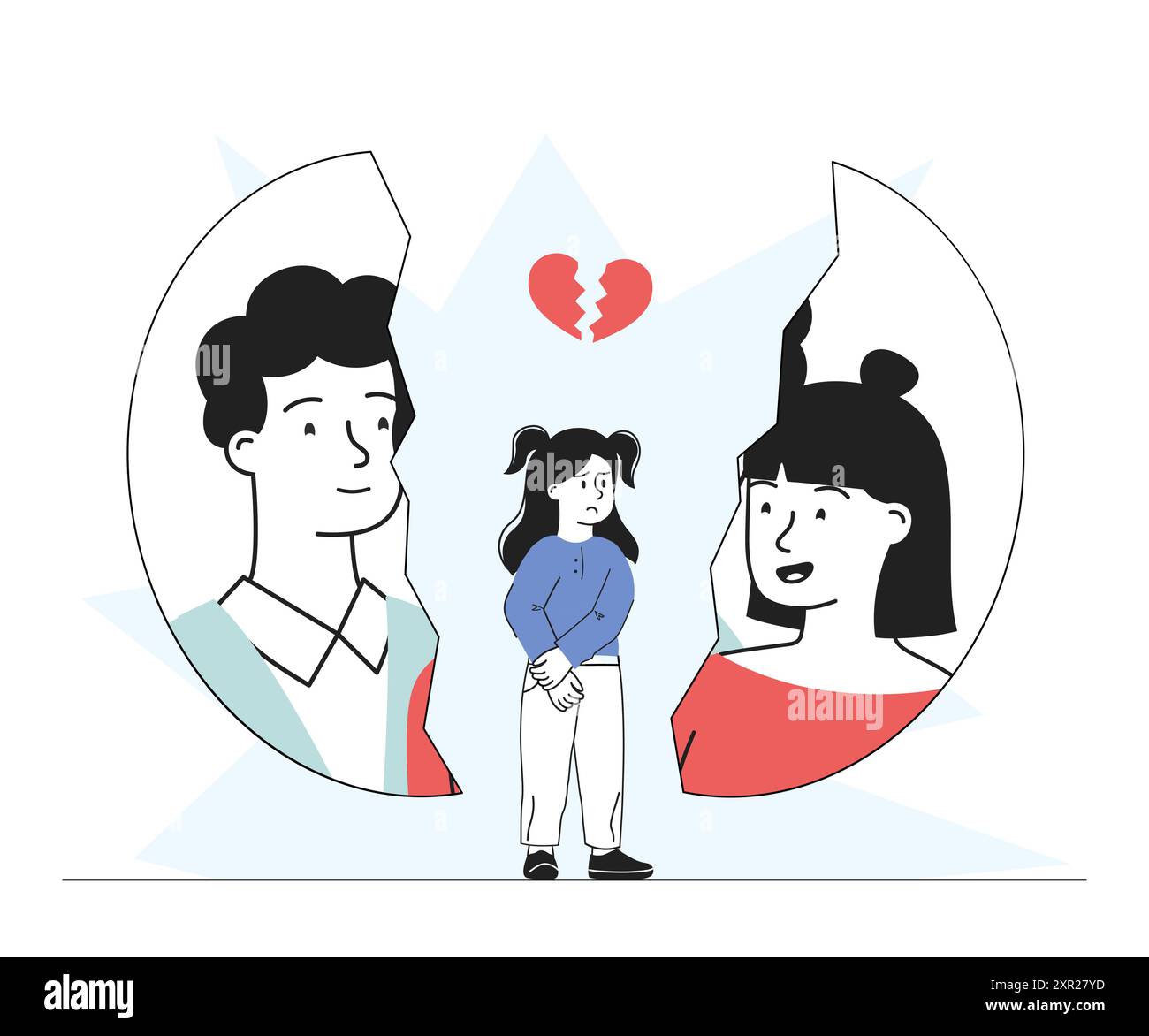 Girl with divorced parents. Sad child stands next to torn photography ...