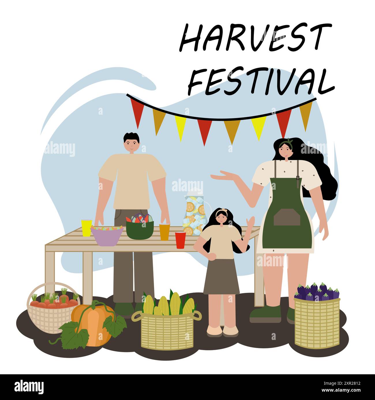Parents and daughter celebrate harvest festival near festive table with ...