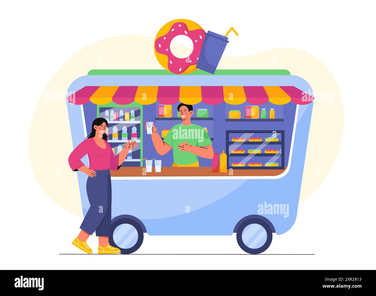 Street sweet shop. Woman buys donuts and soda from kiosk on wheels ...