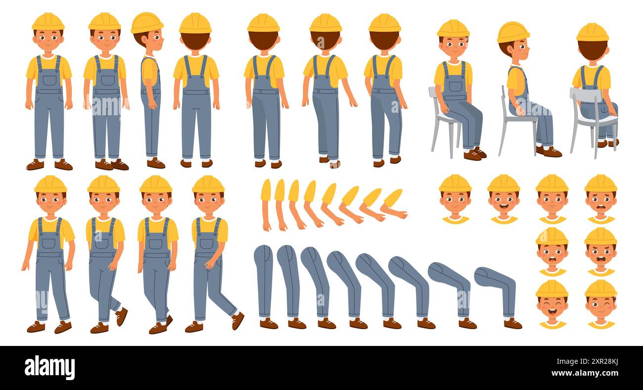 Male builder constructor. Happy man in hardhat. Pack of legs, hands and faces for creating ...