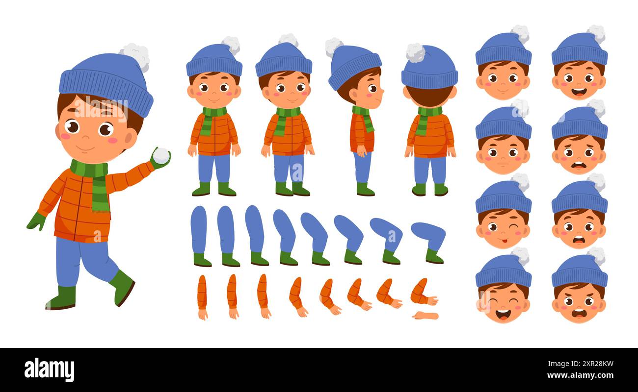 Winter boy constructor. Happy child throws snowball. Pack of legs ...