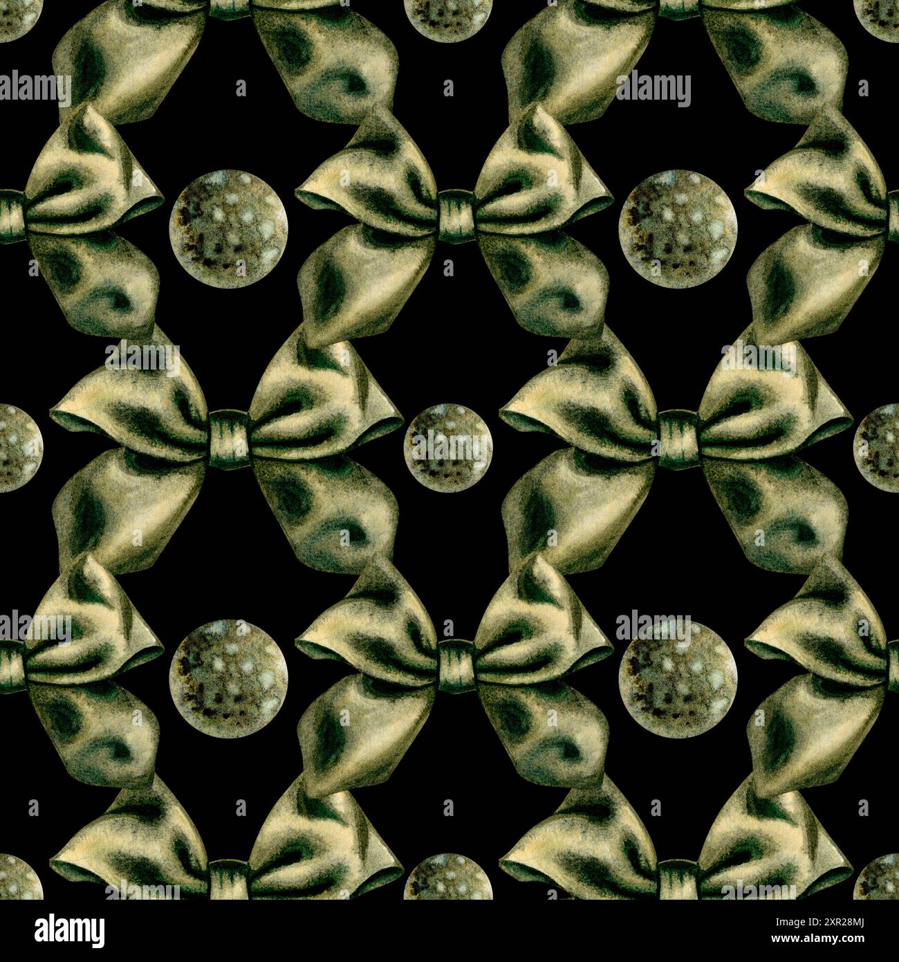 Green bows on a black background are made with watercolors as a ...