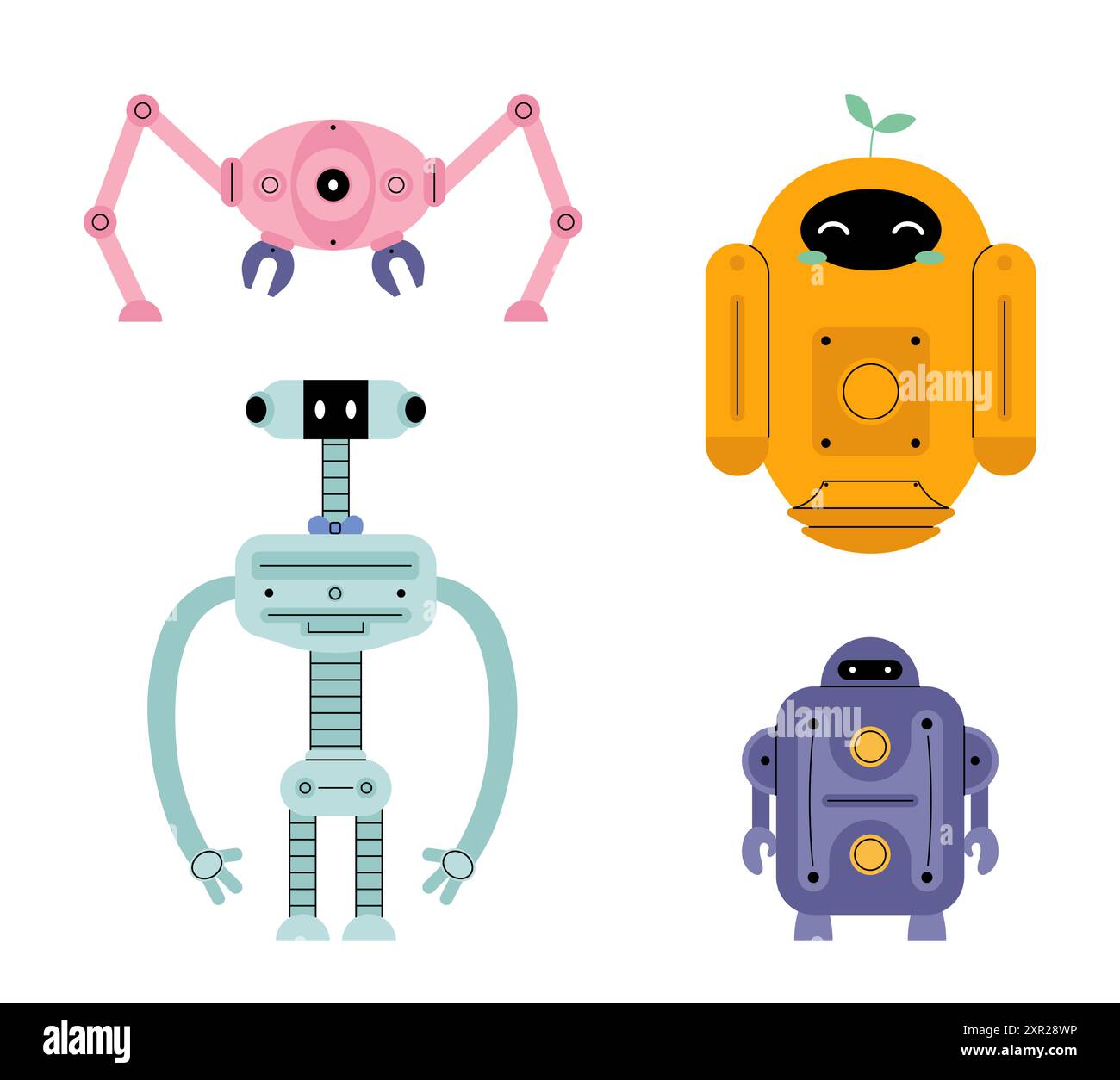 Set of robots. Set of bots of different shapes. Artificial intelligence and machine learning ...