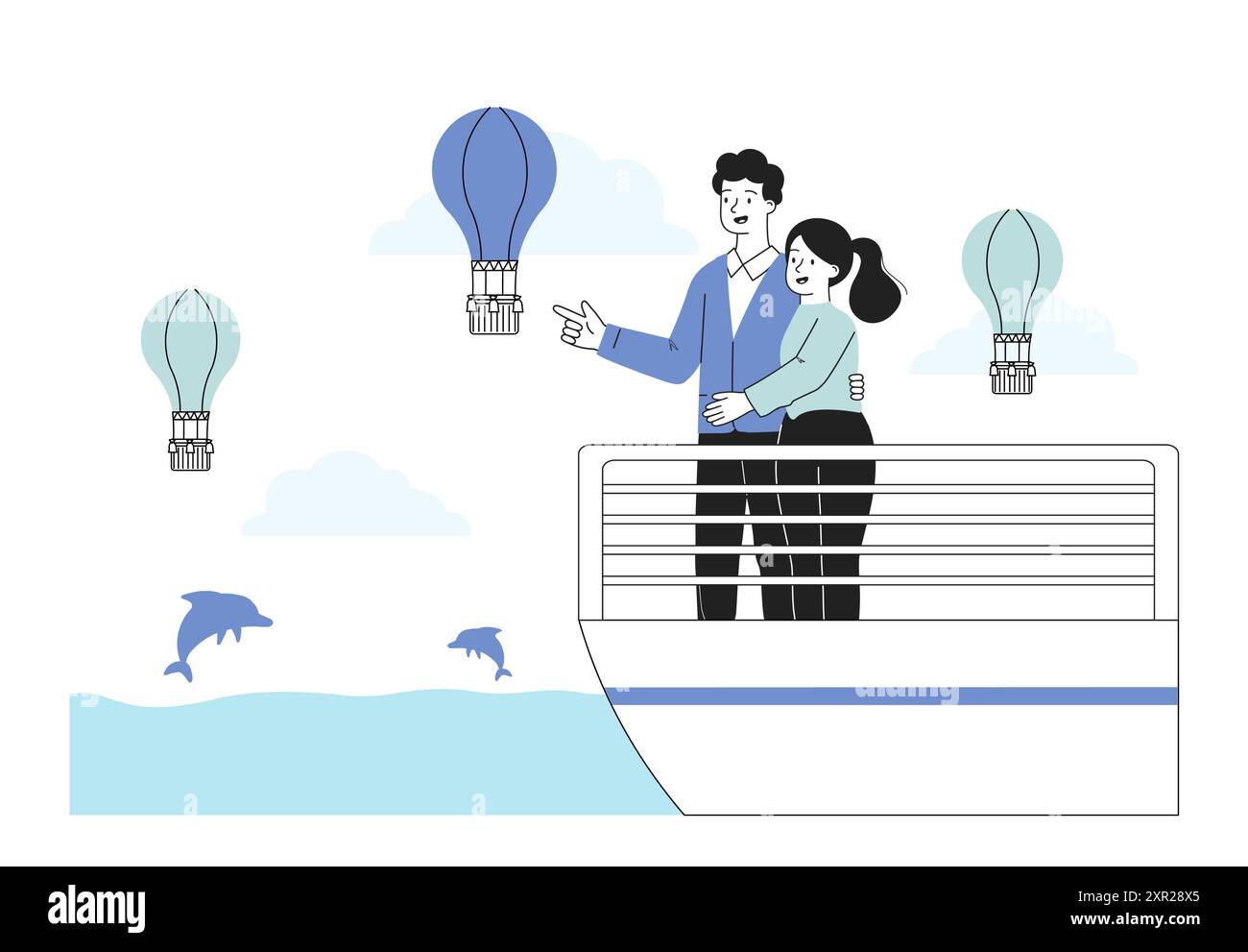 Couple trip by ship. Man and woman in sea and ocean look at dolphins ...