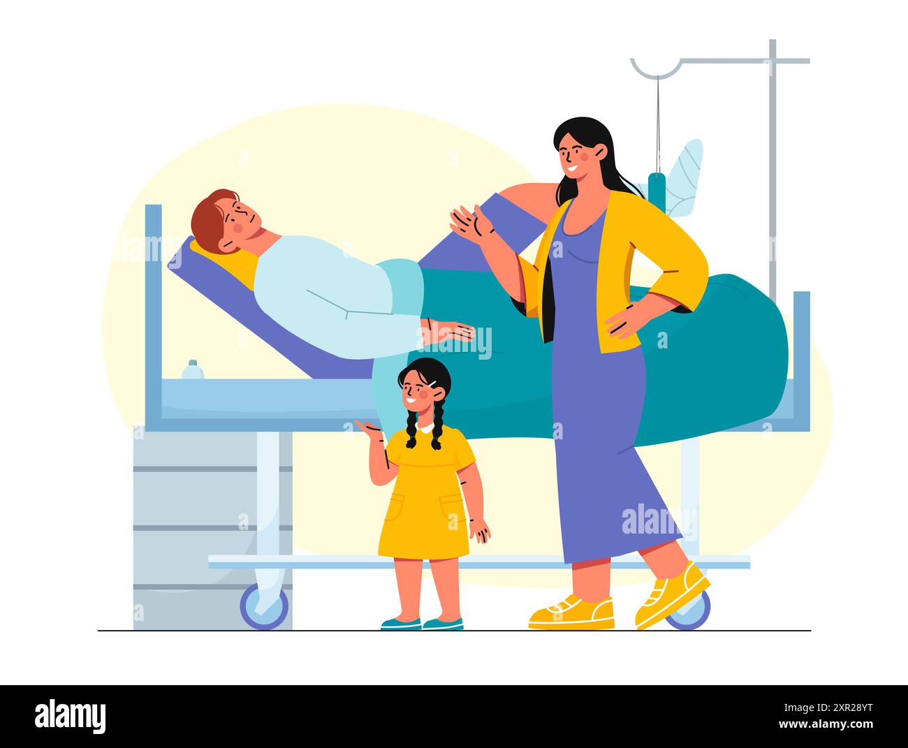 Visitors to patients room. Mother and daughter came to visit child in hospital ward. Support and ...