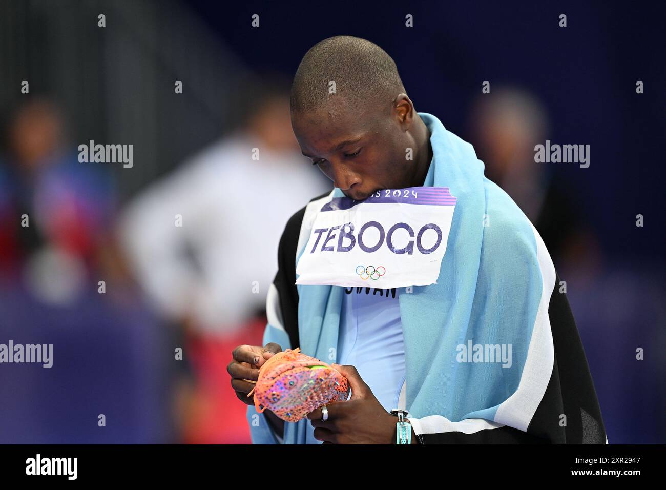 Paris, France. 8th Aug, 2024. Letsile Tebogo of Botswana reacts after ...