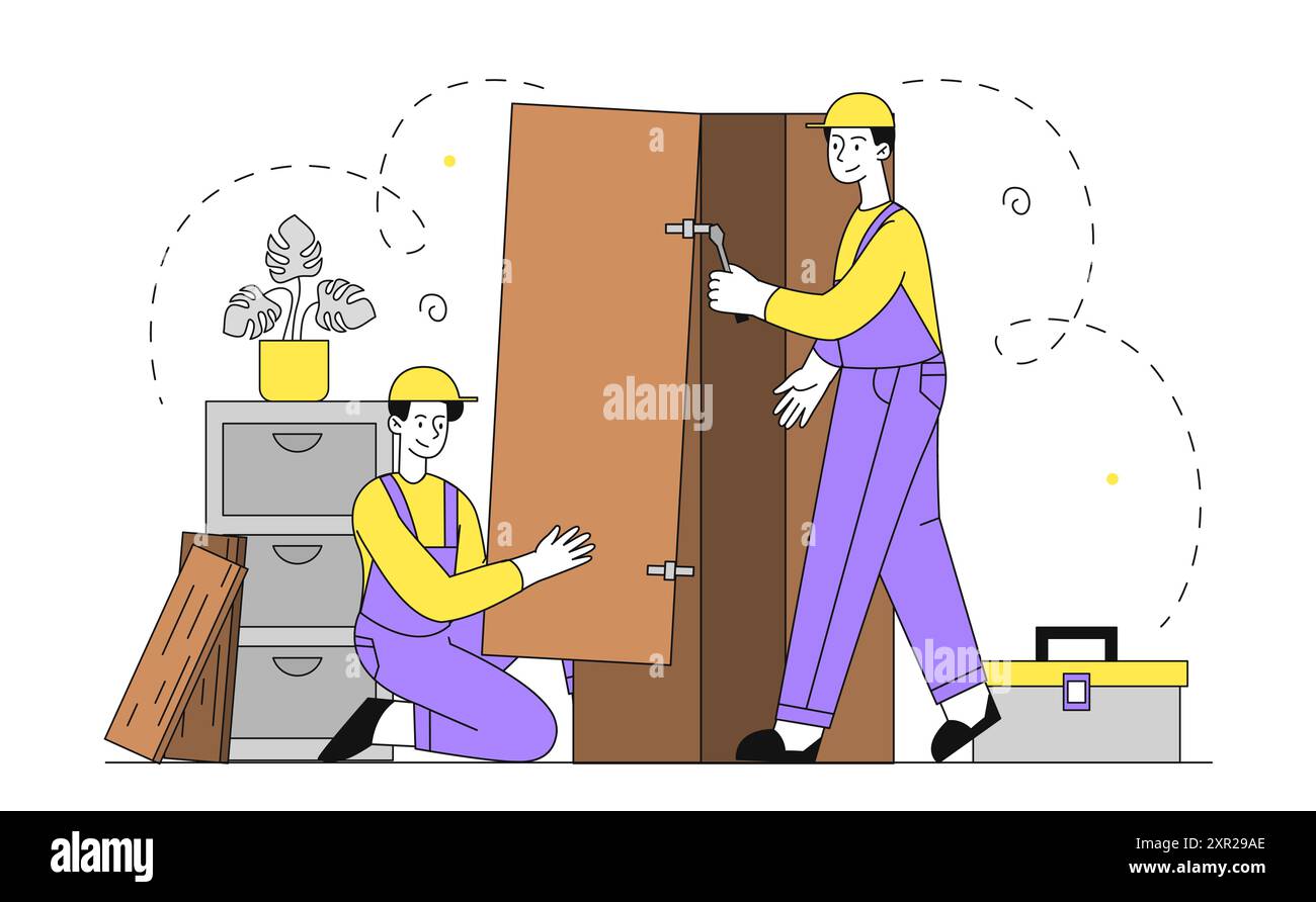 Workers assemble furniture. Men in uniform assembling wardrobe ...