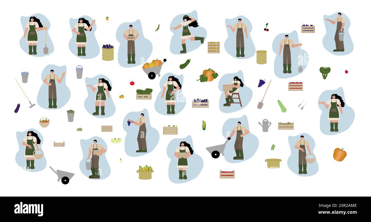 Harvest people vector illustration set in flat style. Man and woman in ...