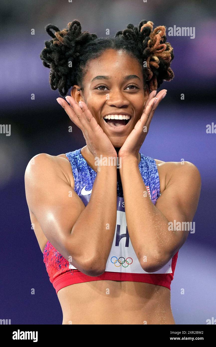 Monae' Nichols, of the United States, reacts during in the women's long ...