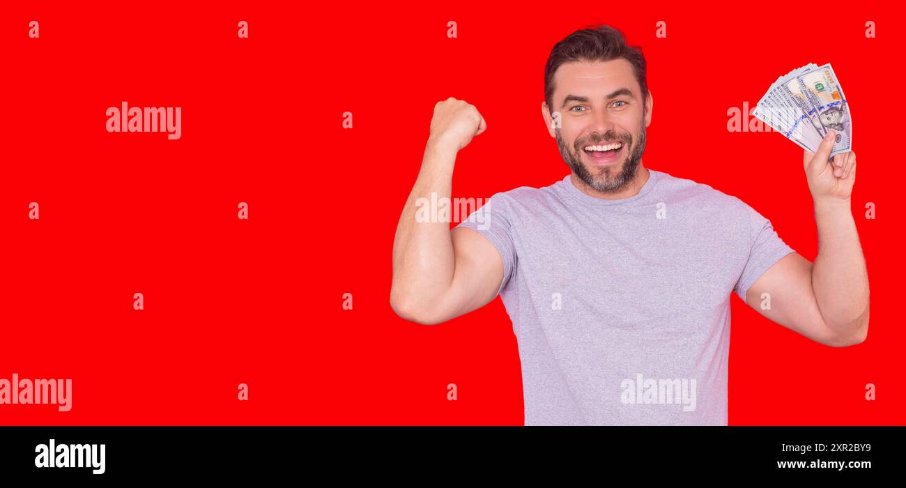 Business man hold money on red banner. Rich man in suit with money ...