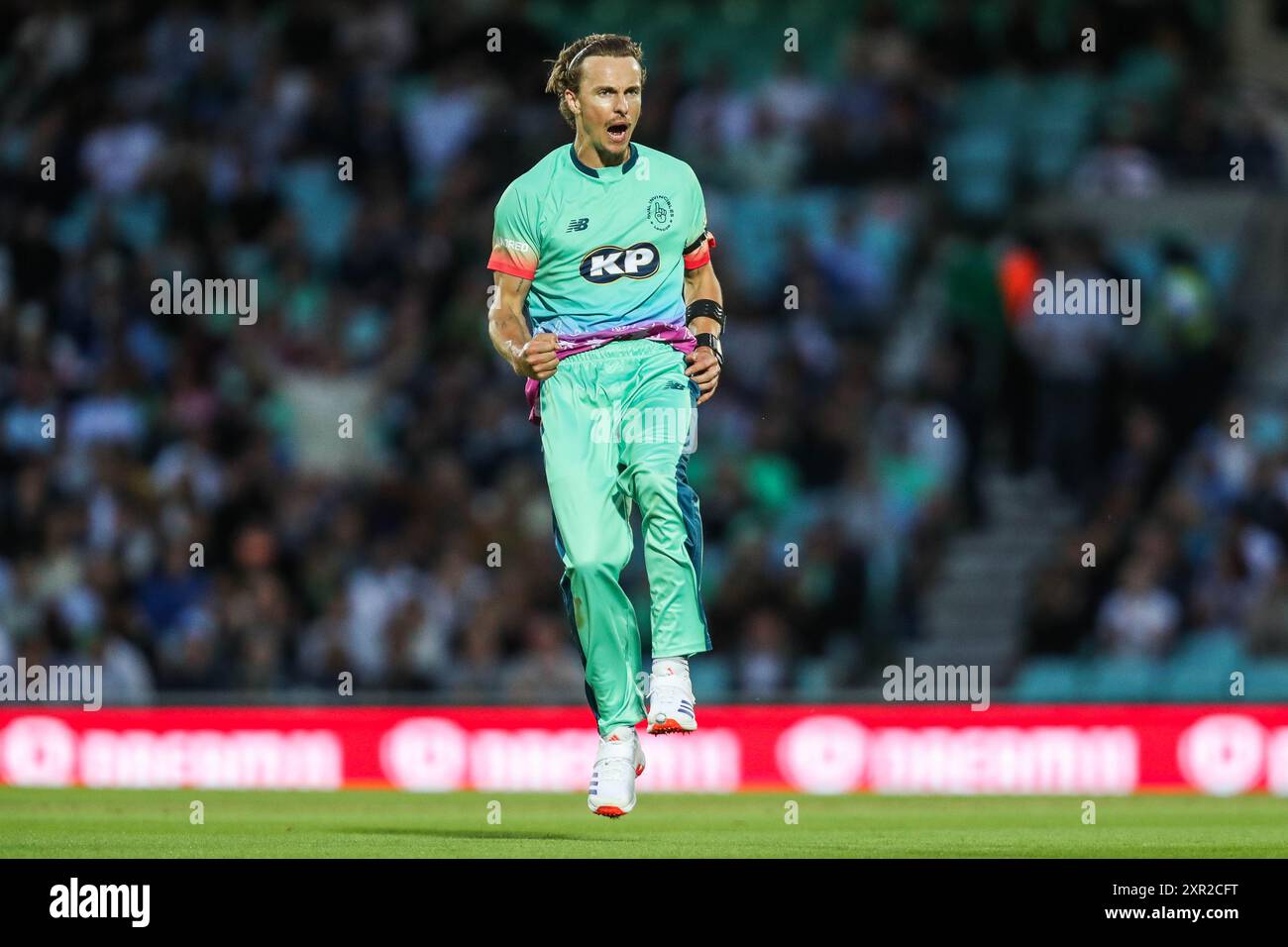 Tom Curran of Oval Invincibles celebrates after the dismissal of Akeal ...