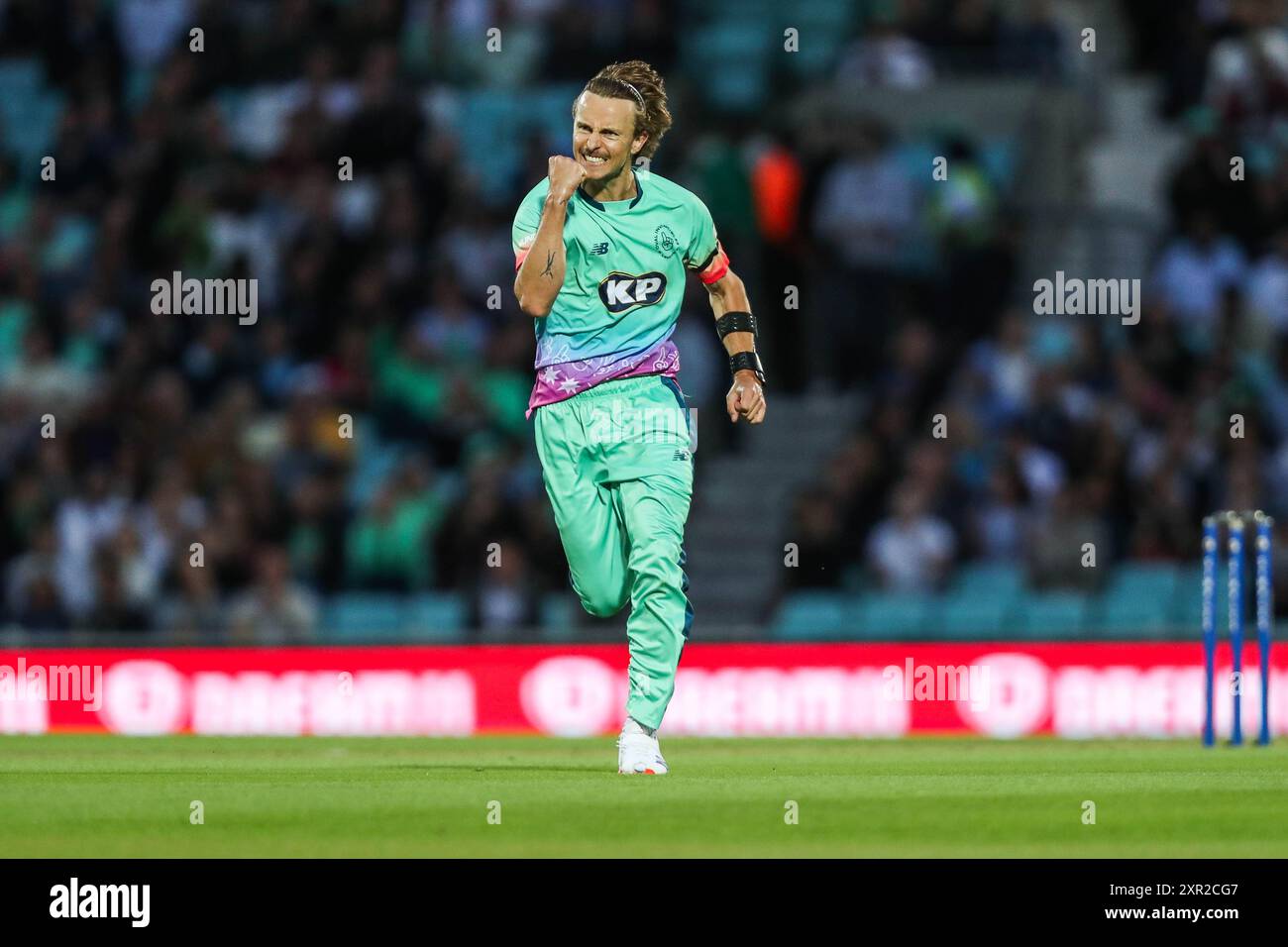 Tom Curran of Oval Invincibles celebrates after the dismissal of Akeal ...