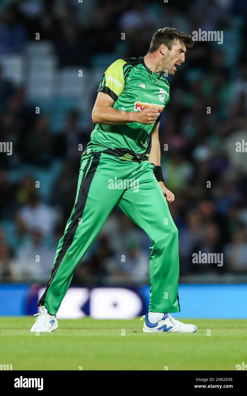 Craig Overton of Southern Brave celebrates after the dismissal of Will ...