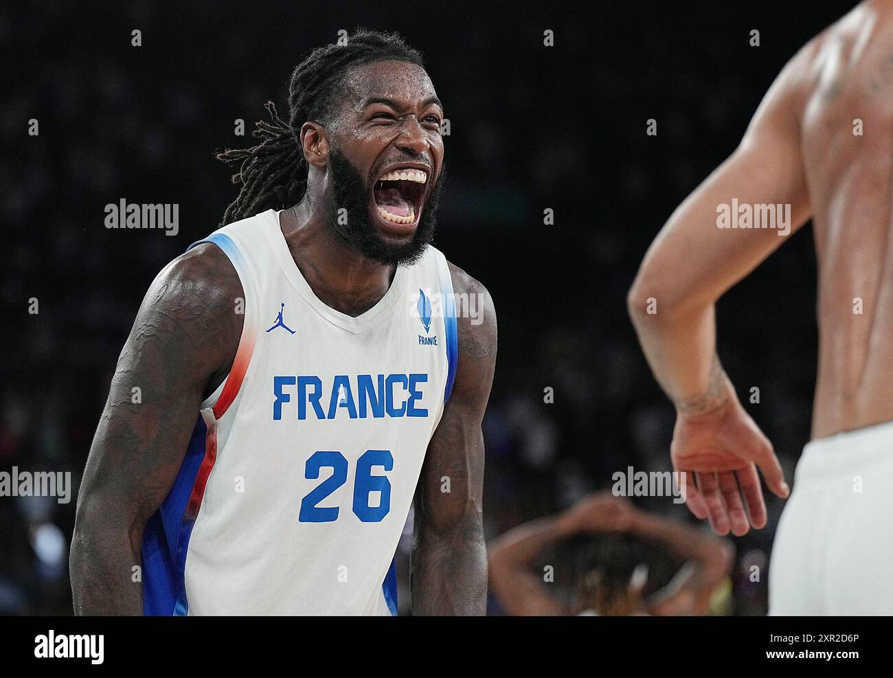 Paris, France. 8th Aug, 2024. Mathias Lessort of France celebrates ...