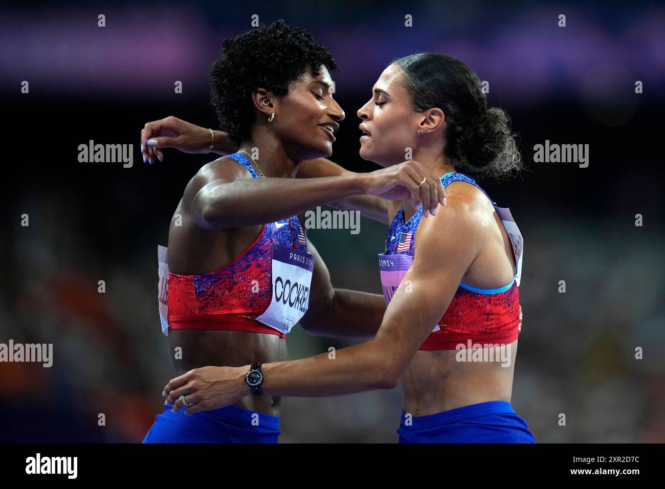 Sydney McLaughlin-Levrone, right, of the United States is congratulated ...