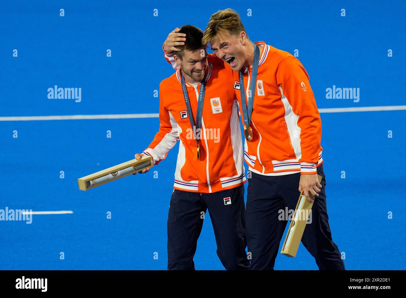 Netherlands' Thierry Brinkman, left, and Jorrit Croon medal react as ...