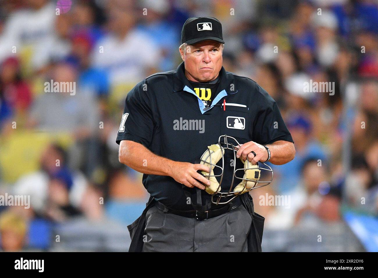 LOS ANGELES, CA - AUGUST 05: Home plate umpire Marvin Hudson looks on ...