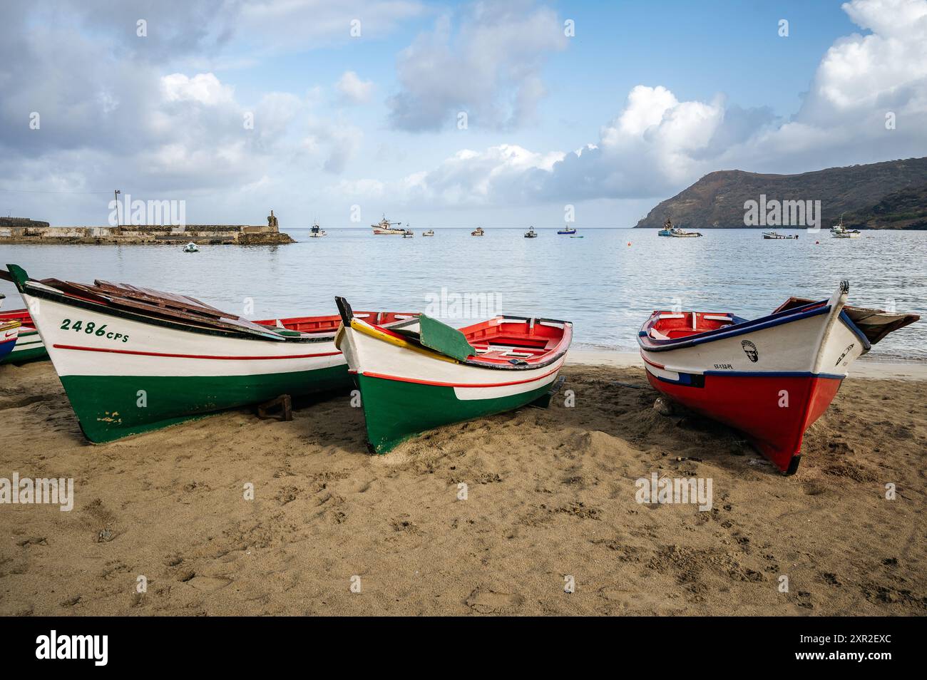 Three fishing boats on the beach, Tarrafal, Santiago island, Cape Verde ...