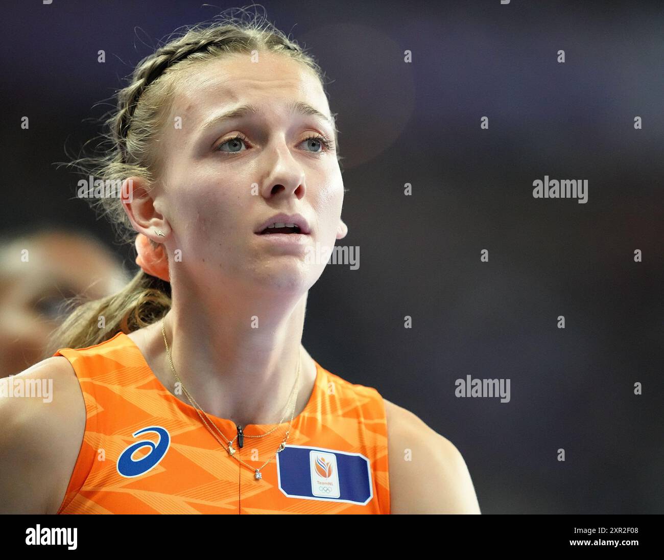 Paris, France. 8th Aug, 2024. Femke Bol of the Netherlands reacts after ...