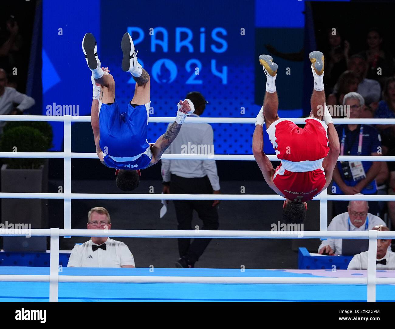 Australia’s Charlie Senior (left) and Uzbekistan’s Abdumalik Khalokov ...