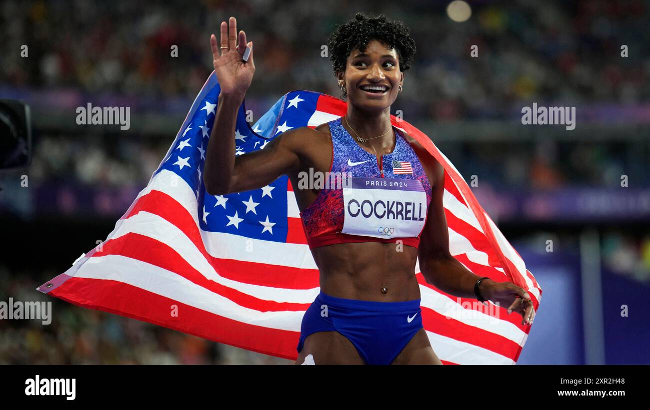 Anna Cockrell, of the United States, celebrates after her second place ...